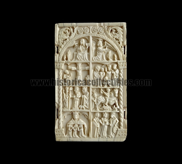 Ivory plaque, carved in high relief with religious miniature scenes ...